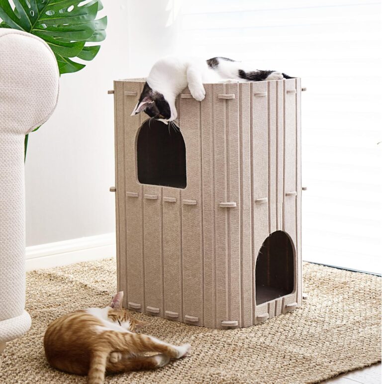 2 Story Indoor Cat House Cozy Felt Bed & Tunnel Condo for Multiple Cats ...